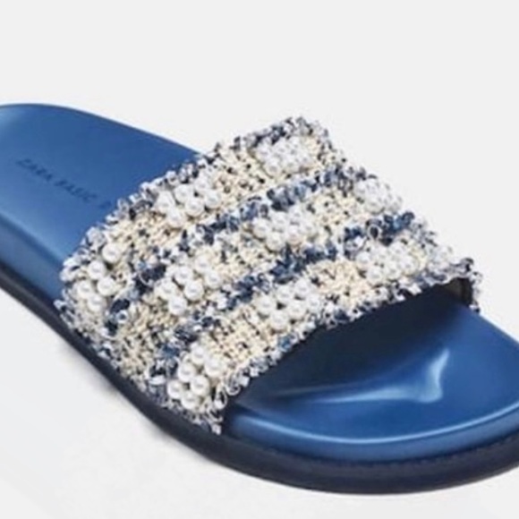Zara | Shoes | Zara Tweed Fabric Slides With Fauxpearls | Poshmark